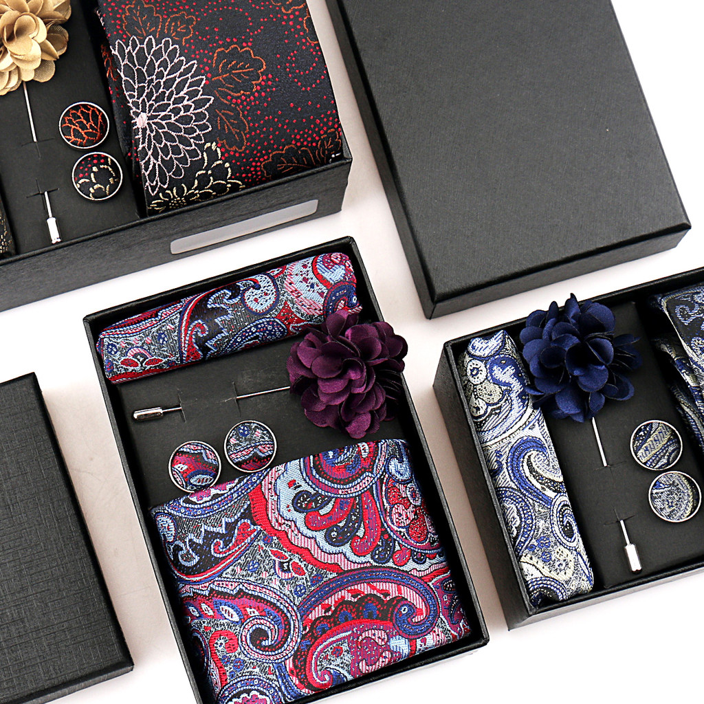 Jual Man Neck Tie Set Box Flower Pin Luxury Necktie Handkerchief Brooch ...