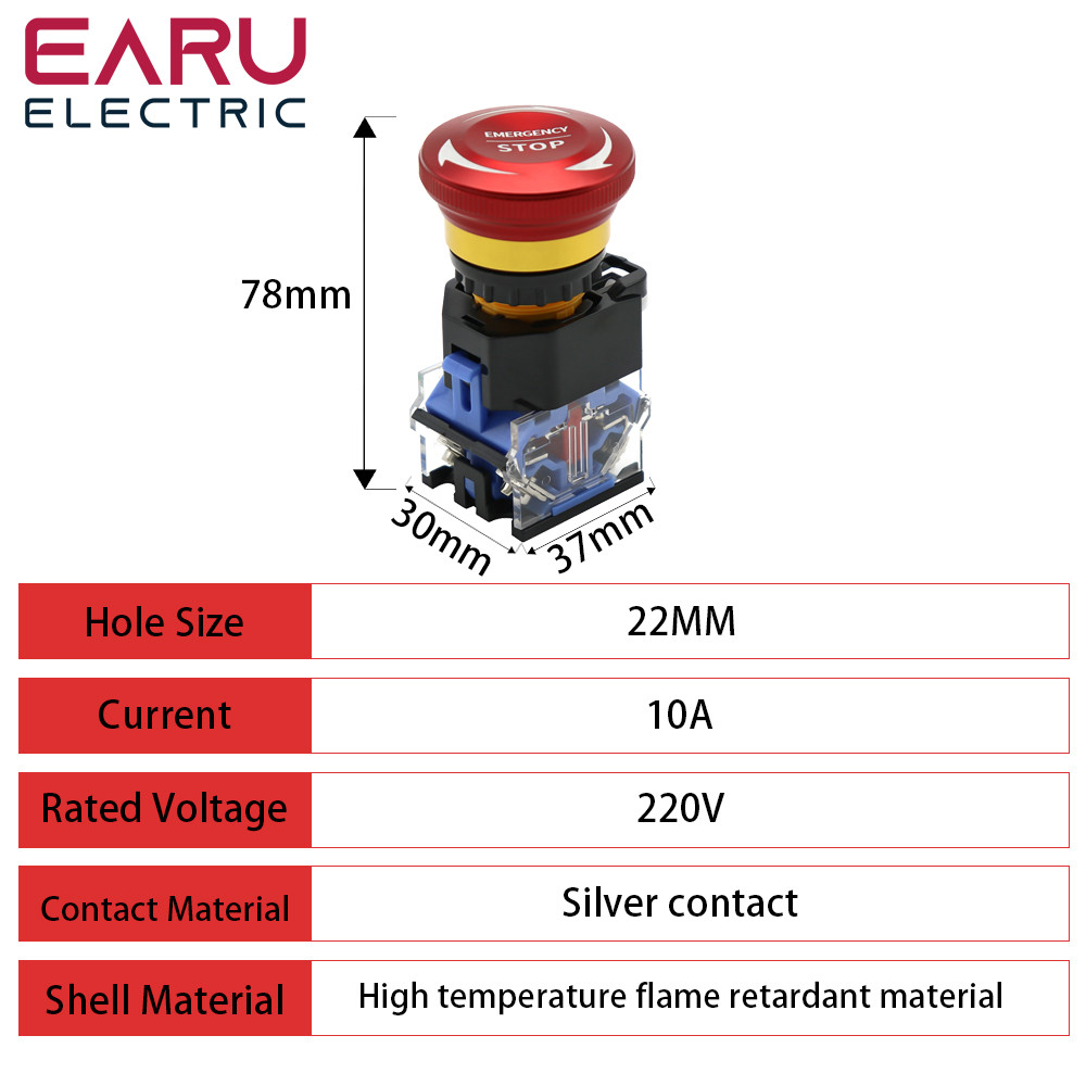 Jual 22mm 10A Metal Emergency Stop Pushbutton Switches Mushroom Head ...