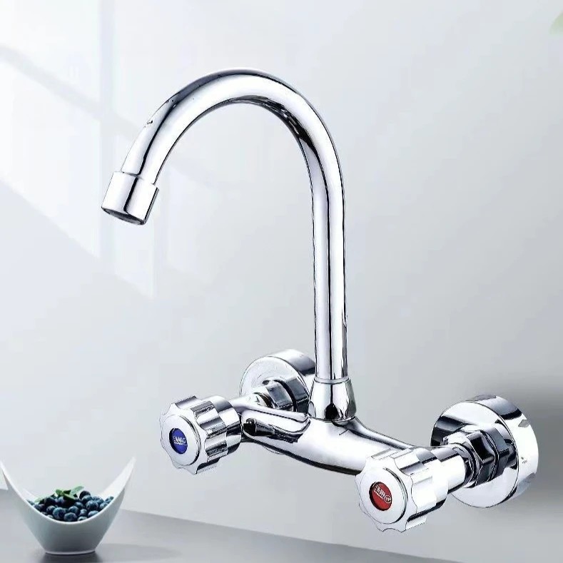 Jual Wall Mounted Kitchen Mixer Tap Double Handle Kitchen Faucet Cold ...