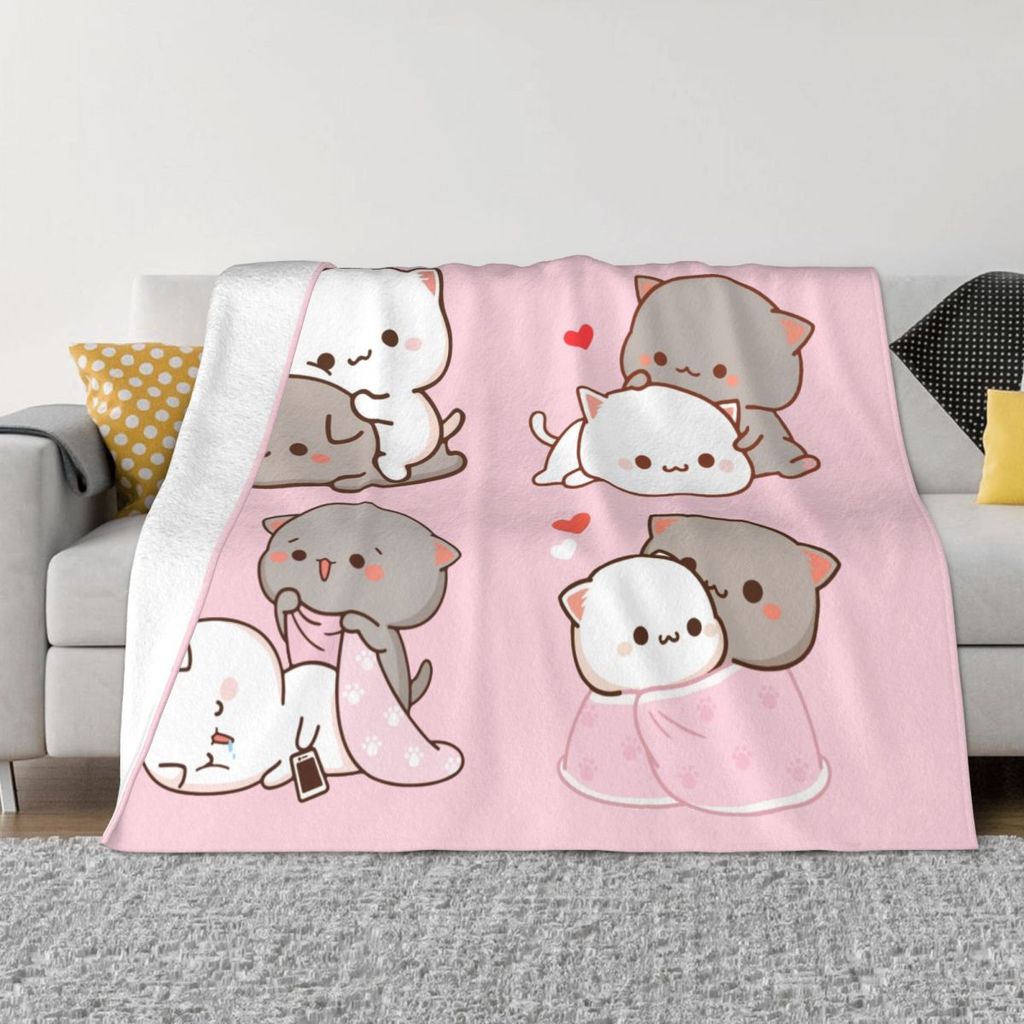 Jual Kawaii Peach And Goma Cartoon Blankets Mocha Mochi Peach Cat Fuzzy ...