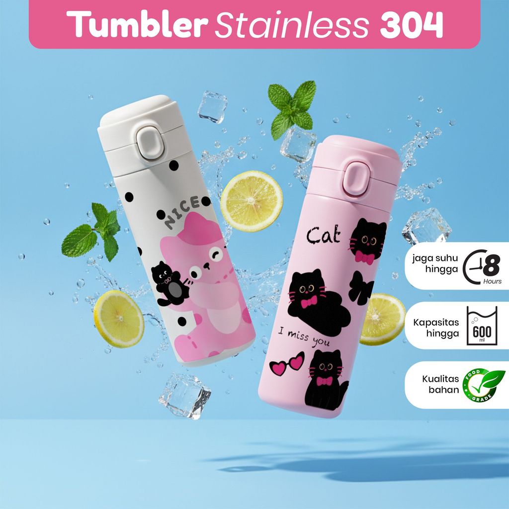 Jual Tumbler Stainless 304 Food Grade 420ml, Botol Minum Gelas Es Aesthetic dengan Motif Kucing ...