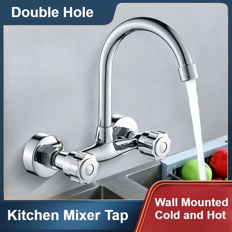 Jual Wall Mounted Kitchen Mixer Tap Double Handle Kitchen Faucets Cold ...