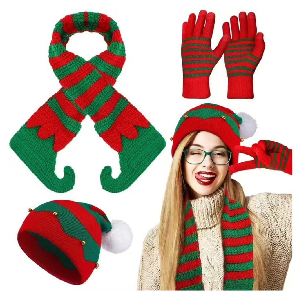 Jual 3-Piece Christmas Hat Scarf And Gloves Set Christmas Gift Winter ...