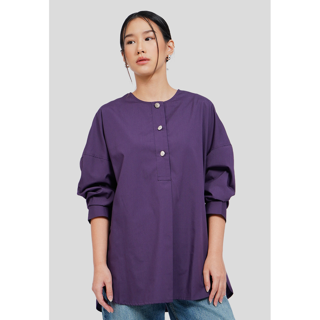 Jual Executive Button Tab Batwing Blouse Purple | Shopee Indonesia