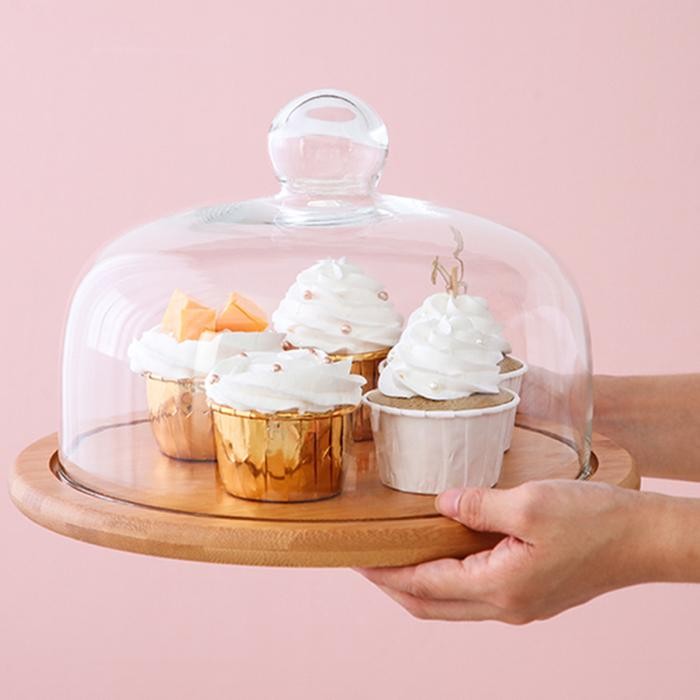 Jual Ready Tempat Kue Round Wooden Cake Stand With Glass Cover Cake ...