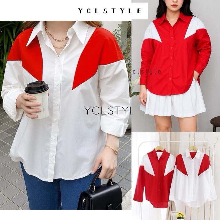 Jual VIO TOP - KEMEJA MERAH PUTIH KOMBINASI 2 WARNA KATUN PREMIUM ...