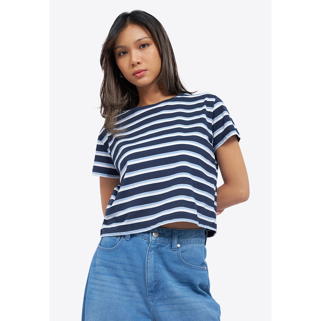 Jual COLORBOX Short Sleeve Stripe Crop T-Shirt Navy | Shopee Indonesia