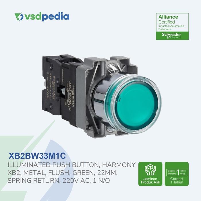 Jual SCHNEIDER ILLUMINATED PUSH BUTTON XB2 GREEN 220V AC XB2BW33M1C ...