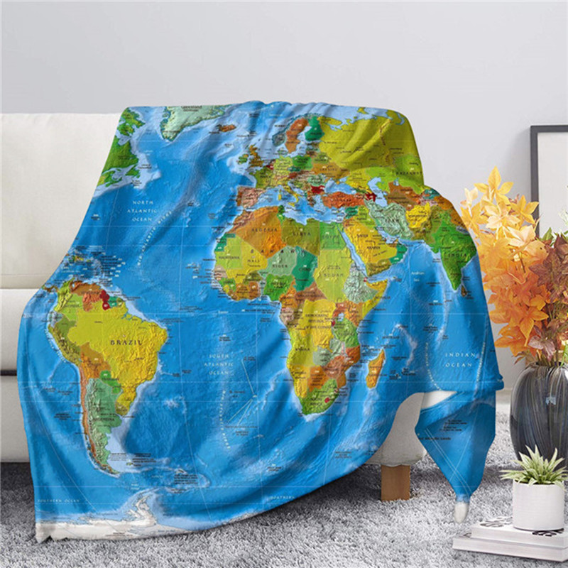Jual 3D World Map Theme Flannel Throw Blankets for Sofa Winter Warm ...
