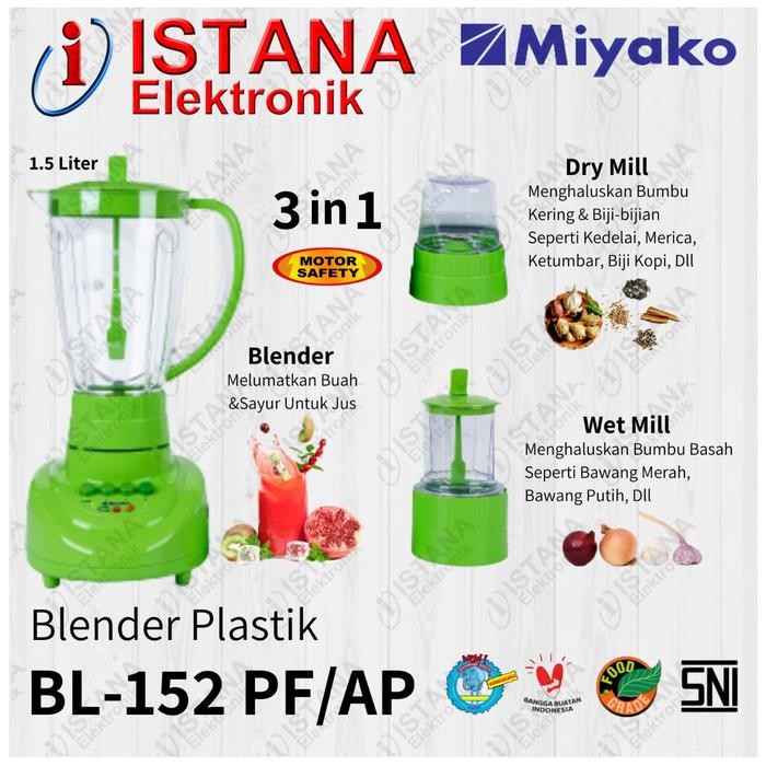 Jual MIYAKO BLENDER PLASTIK 1.5 LITER PLASTIK 3 IN 1 BL-152PF/AP ...