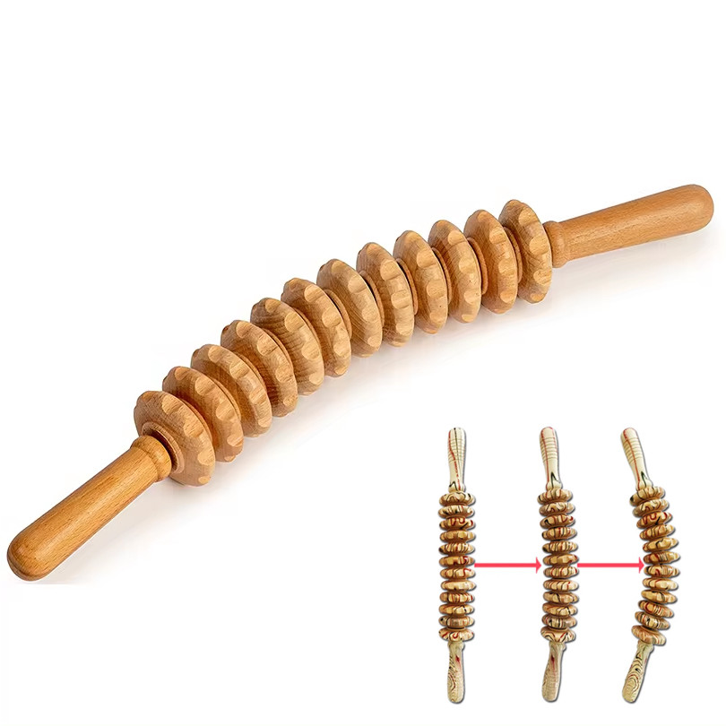 Jual Wooden Roller Massage Stick Handheld Gear Tool 12 Wheel Rolling ...