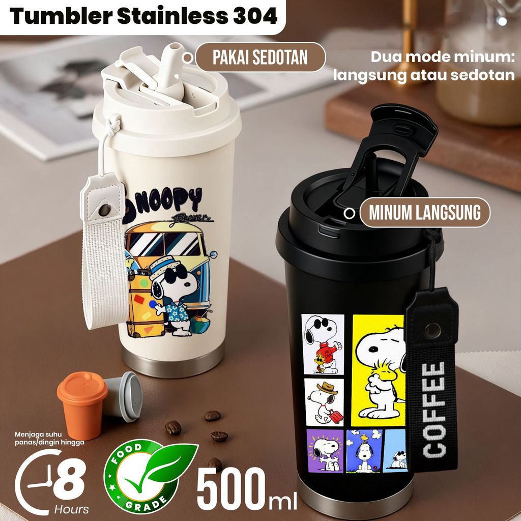 Jual Tumbler Stainless 304 Snoopy Unik Botol Minum 500ml Dengan 2 Mode Penggunaan (Langsung ...
