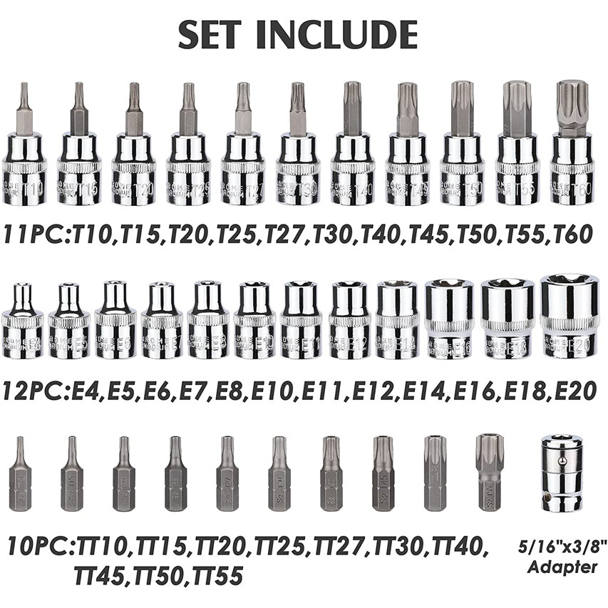 Jual 34/29 Pieces Torx Bit Socket and E-Torx Star Socket Set 1/4" 3/8" 1/2" Drive Male Female E ...