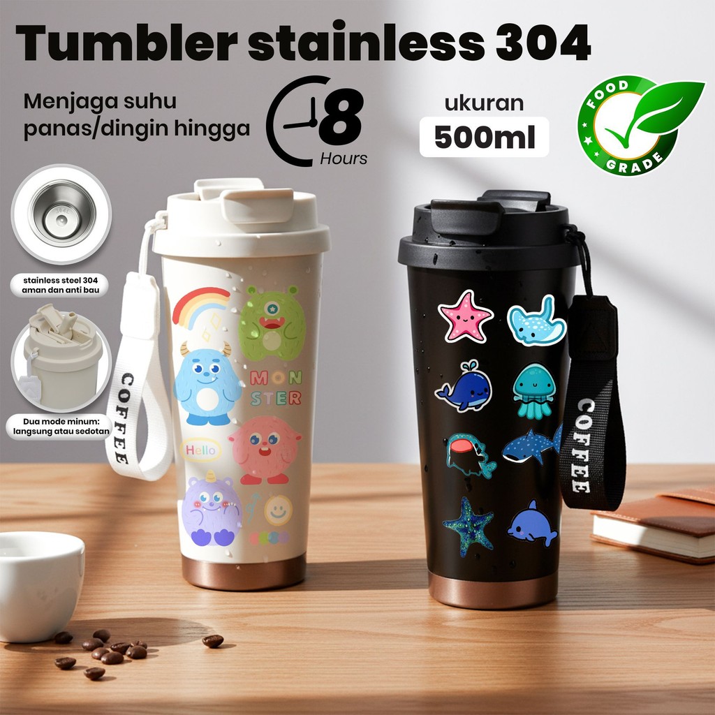 Jual Tumbler Stainless Steel 304 500ml Botol Minum Termos Aesthetic Motif Lucu Tahan Panas ...