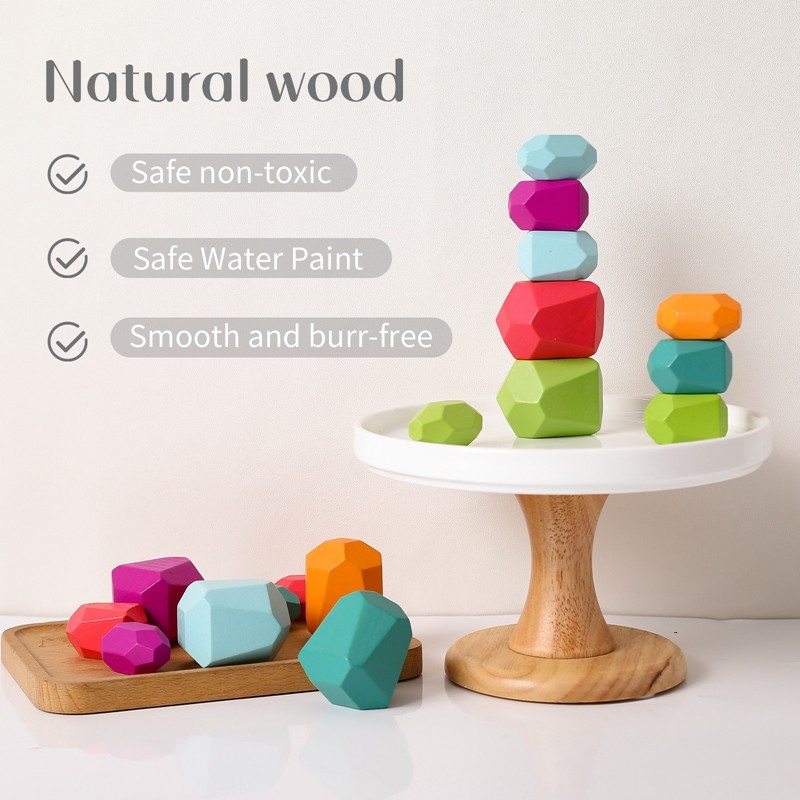 Jual Wooden Rainbow Stones Building Blocks Colorful Wood Toy Block ...