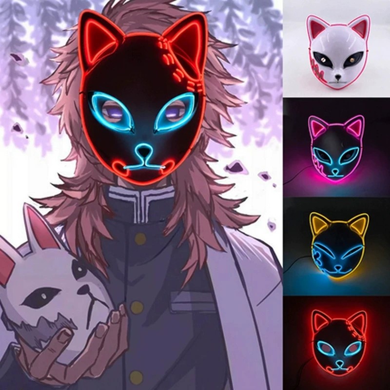 Jual Glowing Demon Slayer Led Face Mask Anime Cosplay Prop Cat Face Fox ...