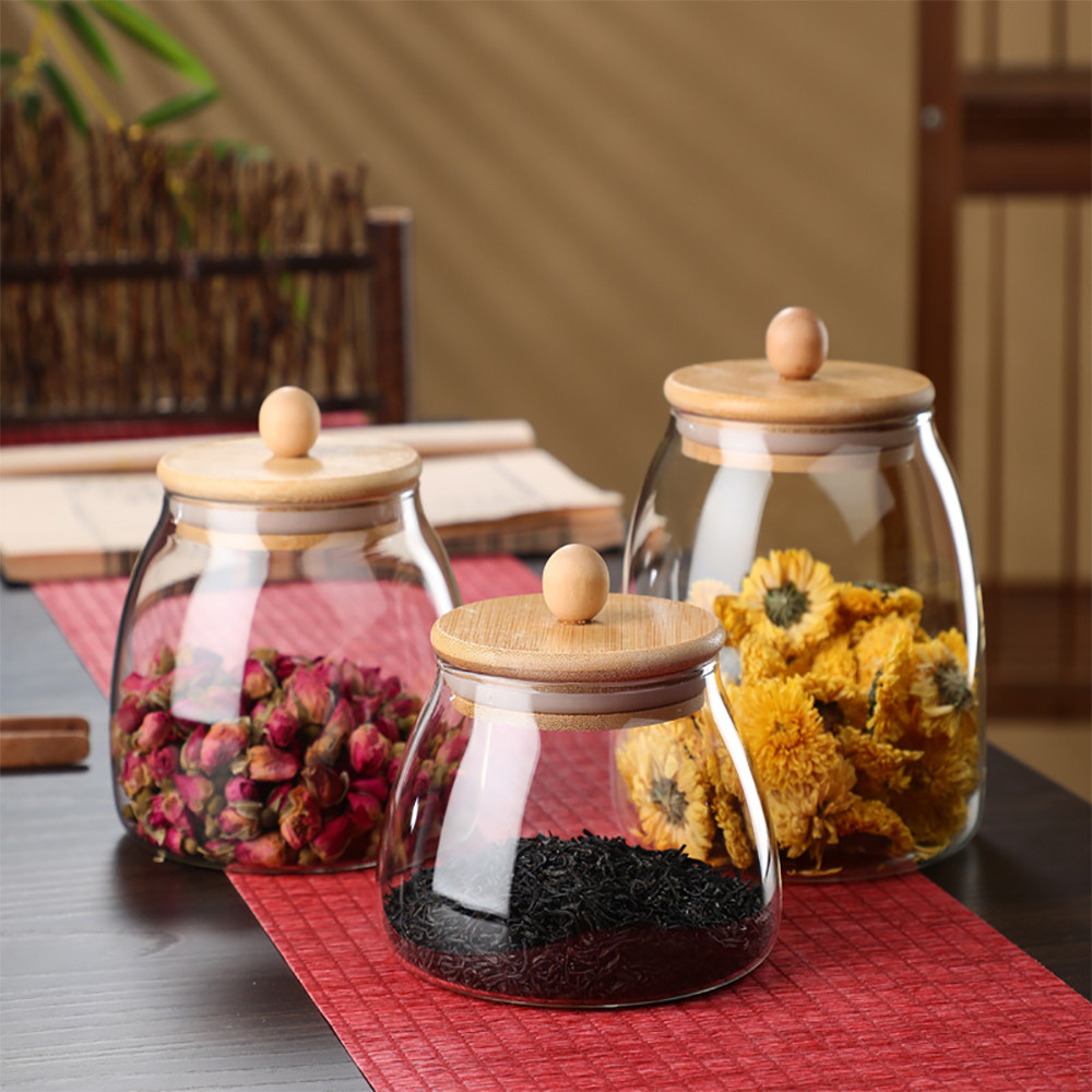 Jual Wooden Lid Glass Sealed Jar Food Container Tea candy Kitchen ...