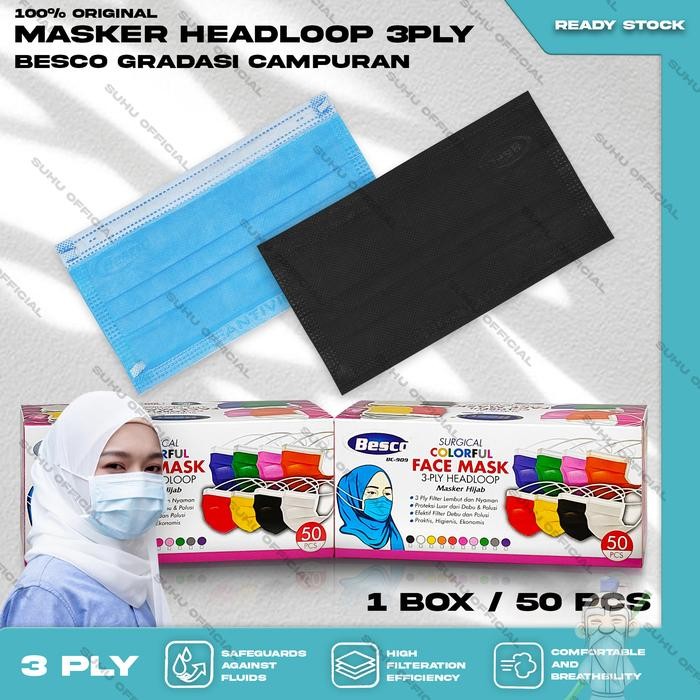 Jual New MASKER MEDIS 3PLY HIJAB BESCO ISI 50PCS NA IJO HEADLOOP MASK 3 ...