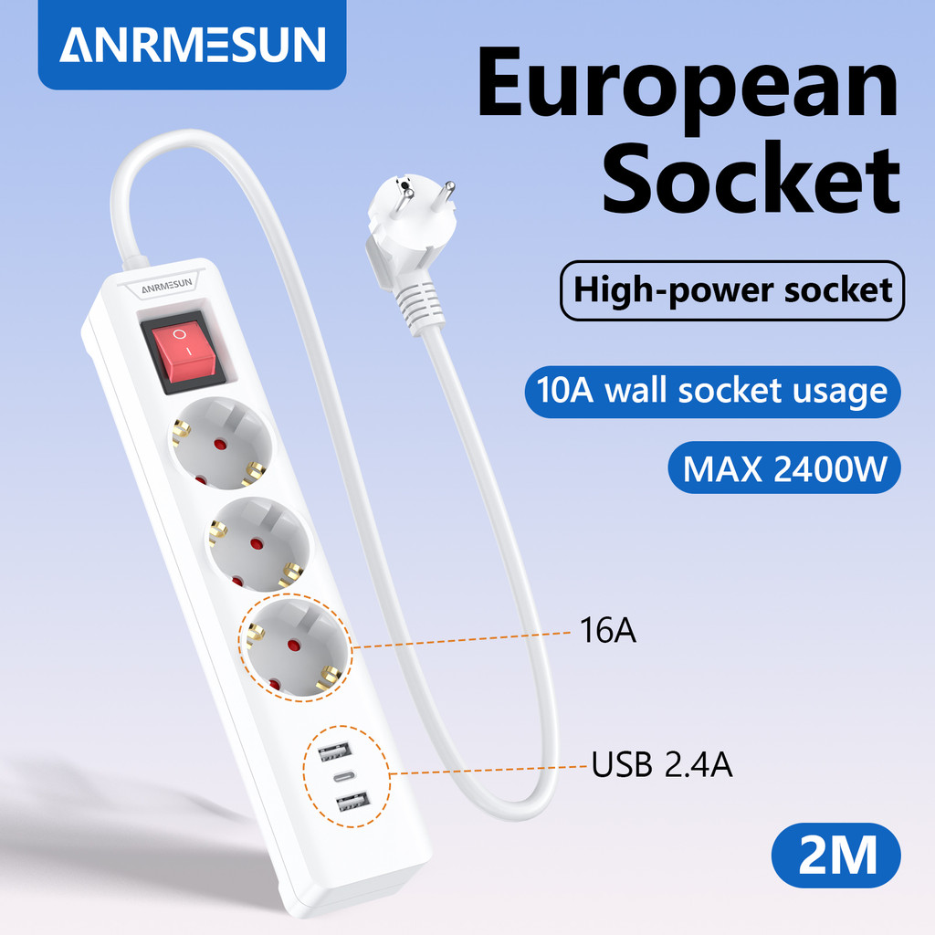 Jual EU Plug Power Strip Multiple Outlet Sockets 2m Extension Cord ...