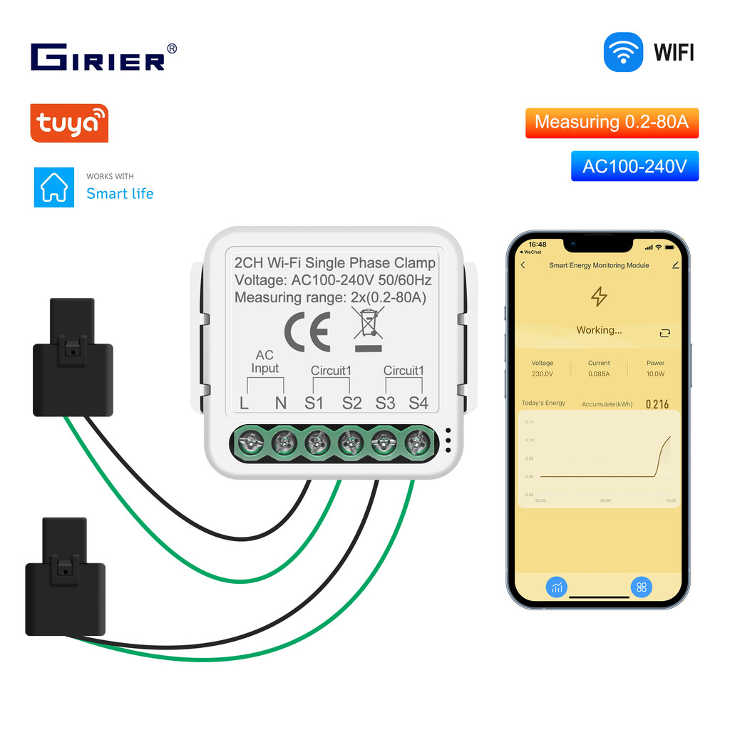 Jual GIRIER Smart WiFi Power Meter Clamp Smart Home Energy Monitor Real ...