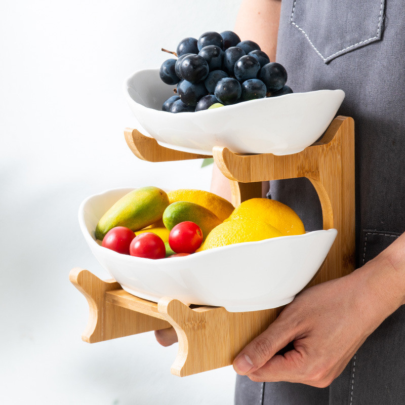 Jual Double Layer Fruit Bowl Wood Fruit Basket Stand Food-Grade PP ...