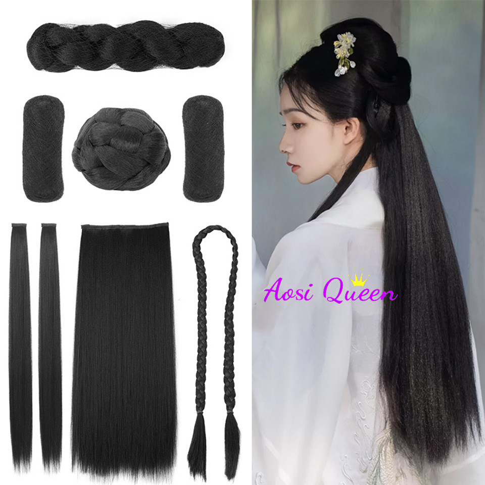 Jual Aosi Synthetic Chinese Traditional Hanfu Wig Hair Bun Retro Black ...