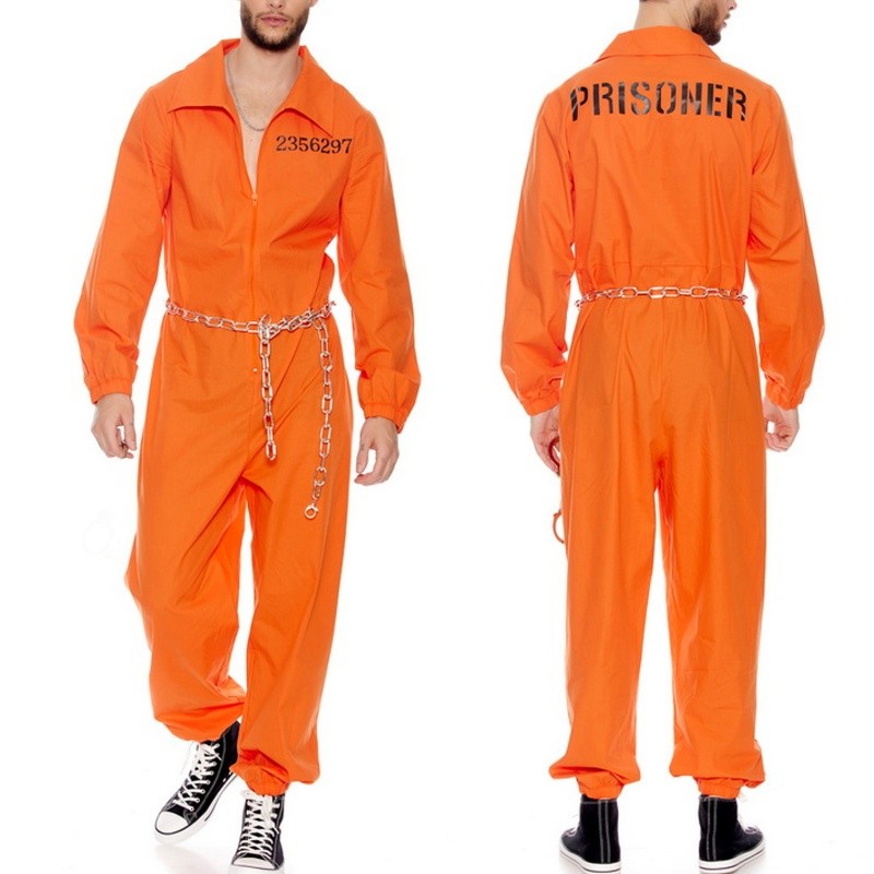 Jual Halloween Mens Orange Prisoner Costume Jail Costumes Long Sleeve ...