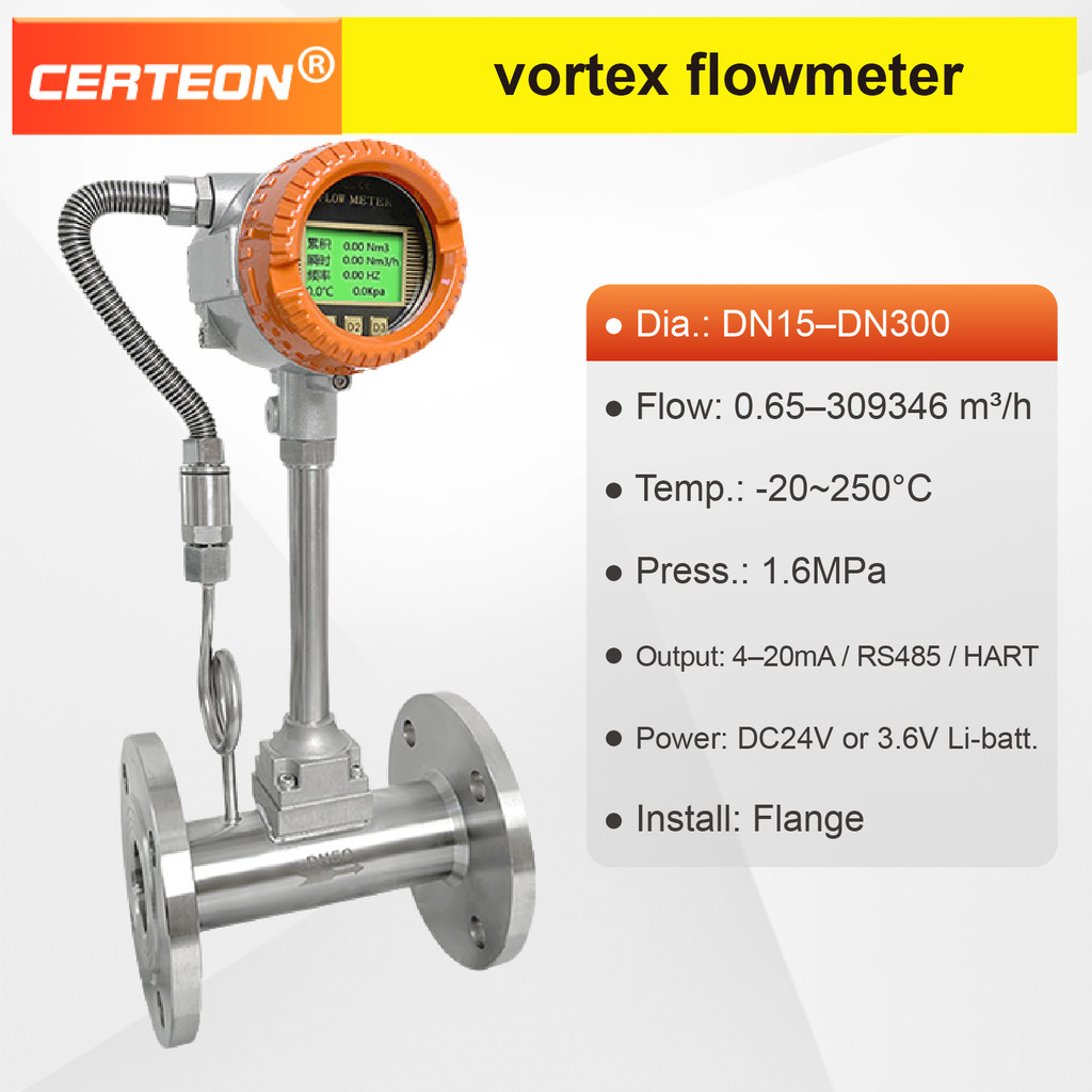Jual 304 Stainless Steel Vortex Flow Meter with Flange Connection, 4-20mA RS485 Output, for ...