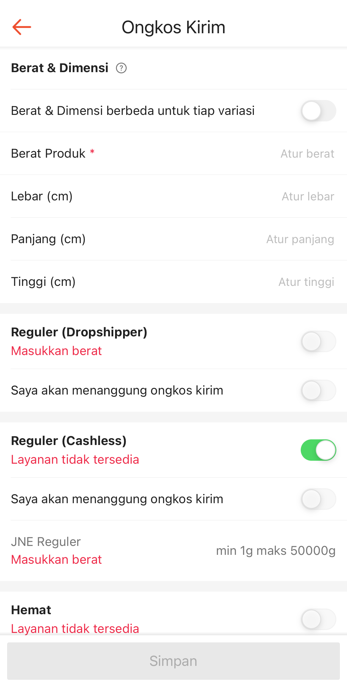 Bagaimana cara memasukkan berat dan ukuran paket untuk variasi produk ...